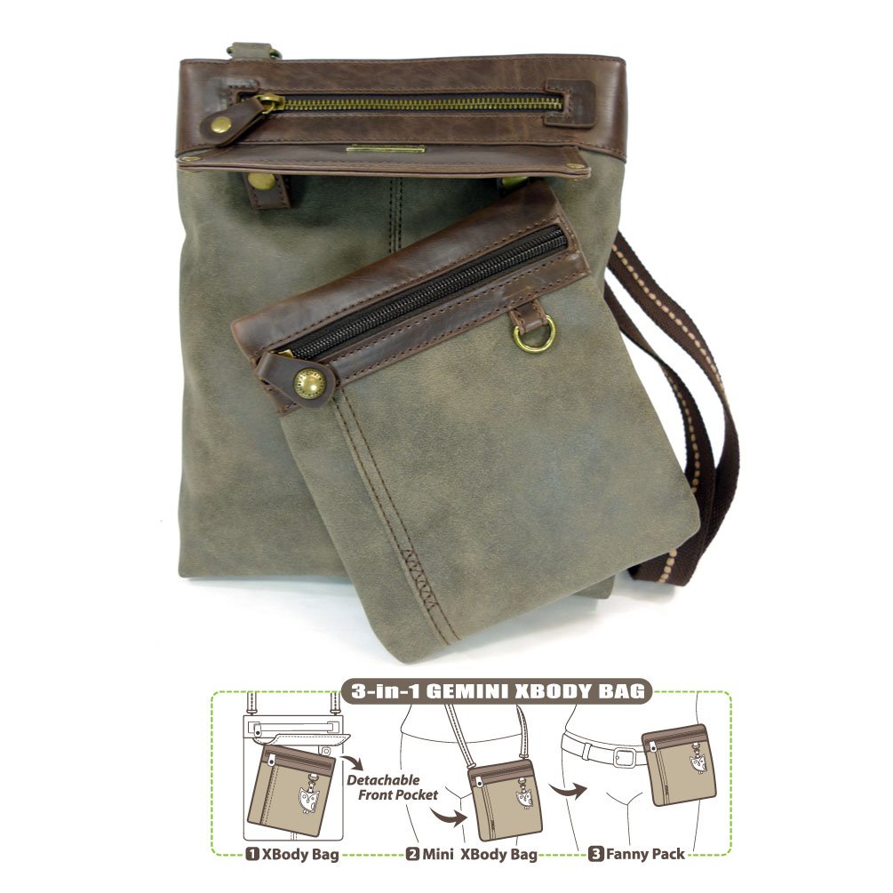 CHALA GEMINI Crossbody Faux Leather Gift Messenger Bag with Double Zip Wallet (Dark Grey Handbag Only + Wallet Set)