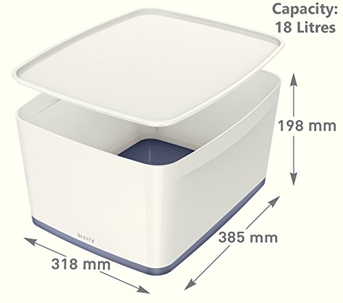 Leitz Large MyBox with Lid, Storage Box for Home and Office, High Gloss Plastic,18 Litre, A4, White/Grey