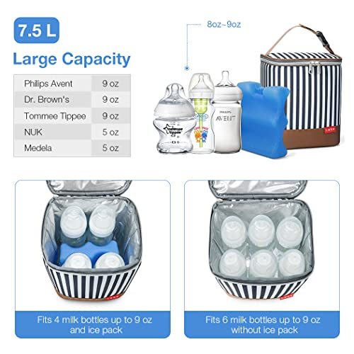 Lekebaby Baby Bottle Bag with Ice Pack Fits 6 Bottles or 4 Large 9 Oz Bottles, Leakproof Breastmilk Cooler Bag for Nursing Mom Daycare, Striped