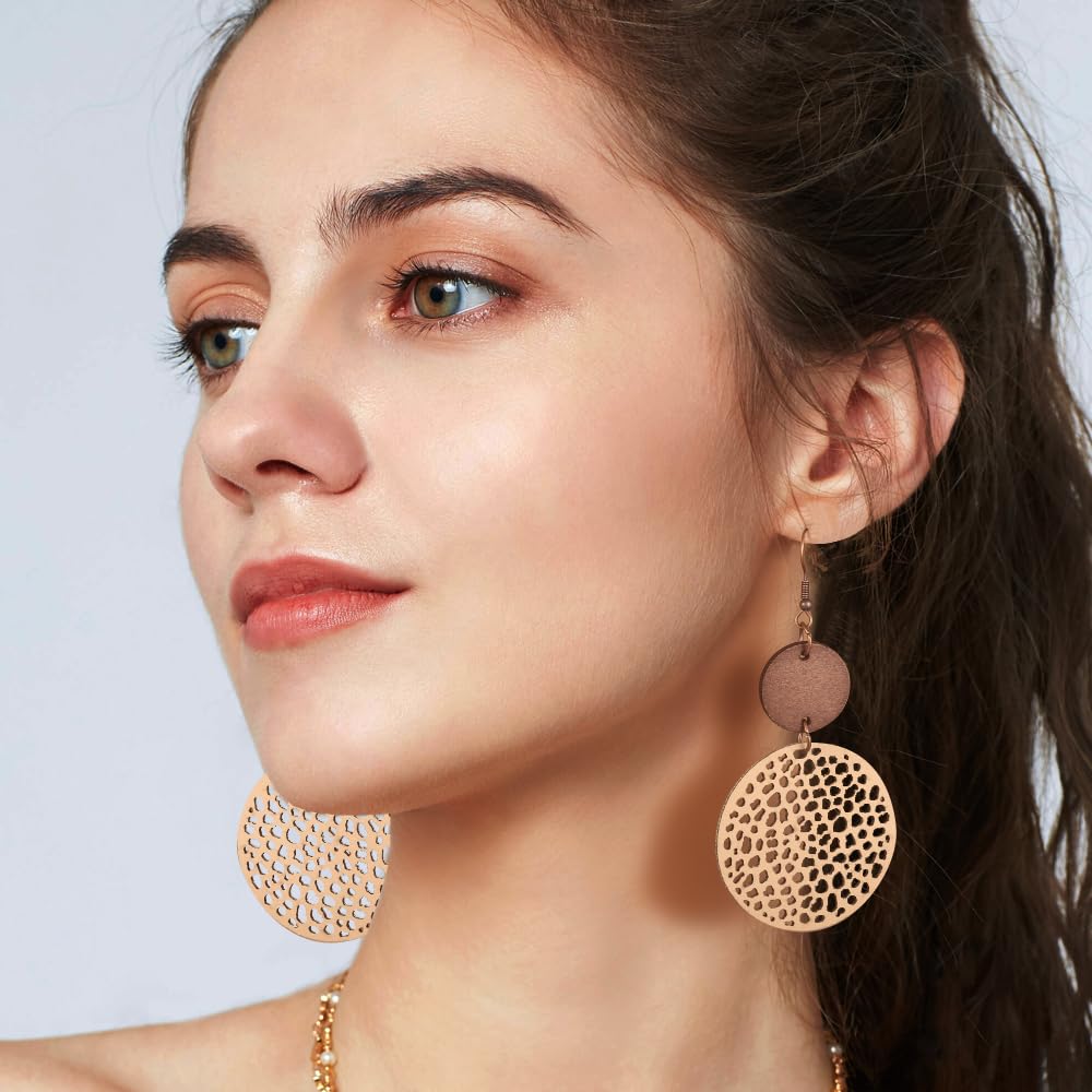 9 Pairs Boho Vintage Wooden Round Geometric Leather Earrings Retro Hollow Out Circle Earrings Big Lightweight Statement Jewelry Suitable for Women