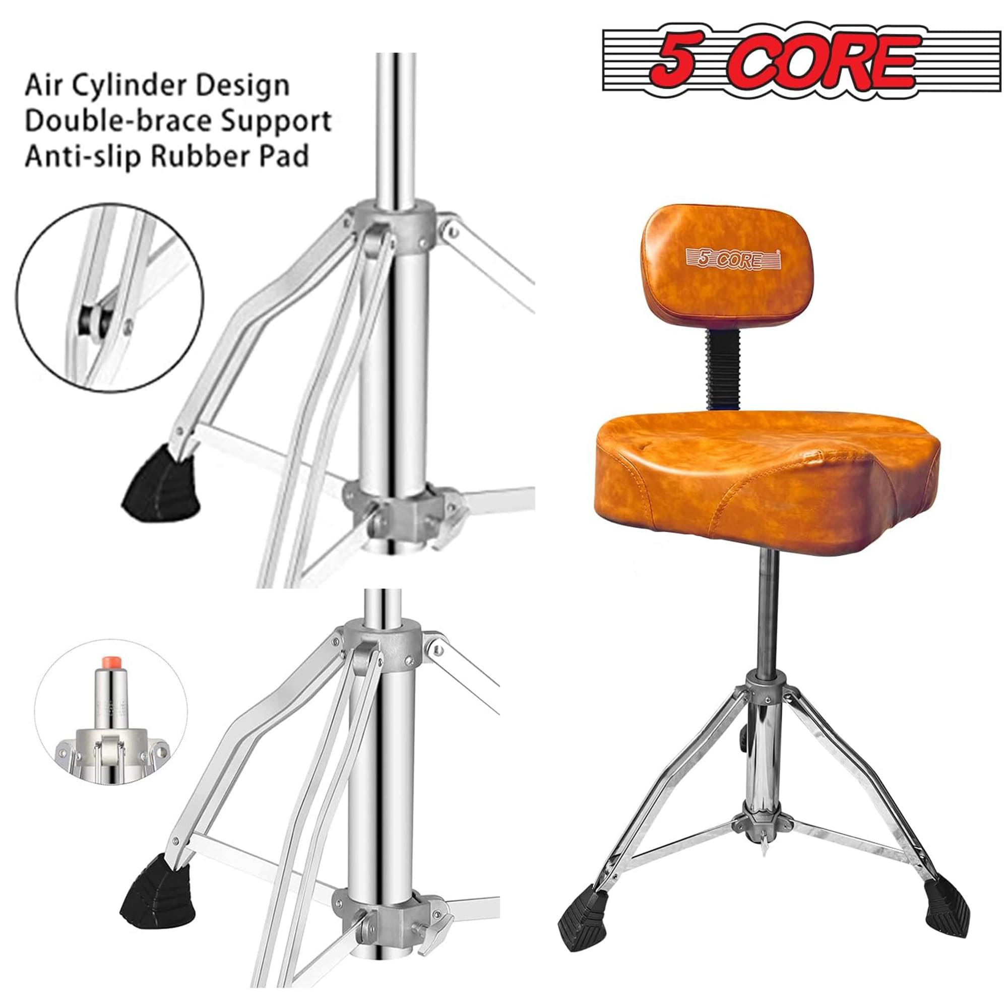 5 CORE Drum Throne with Backrest Adjustable Guitar Chair Thick Memory Foam Saddle Seat Removable Motorcycle Style Drum Stool Tripod for Adult Drummers for Piano Guitar Cello Players DS CH BR Rest
