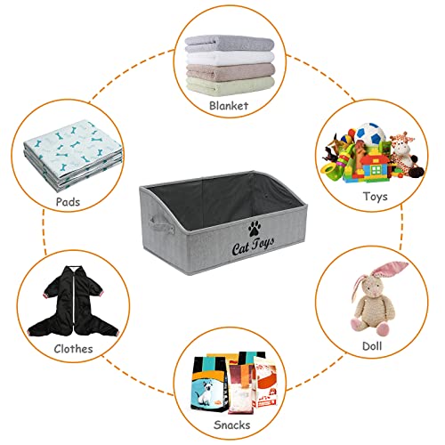 Geyecete Large cat Toy Box Storage Box - Foldable Cotton and Linen Trapezoid Organizer Boxes with Handle, Collapsible Basket for cat Toys-CAT-Striped Gray