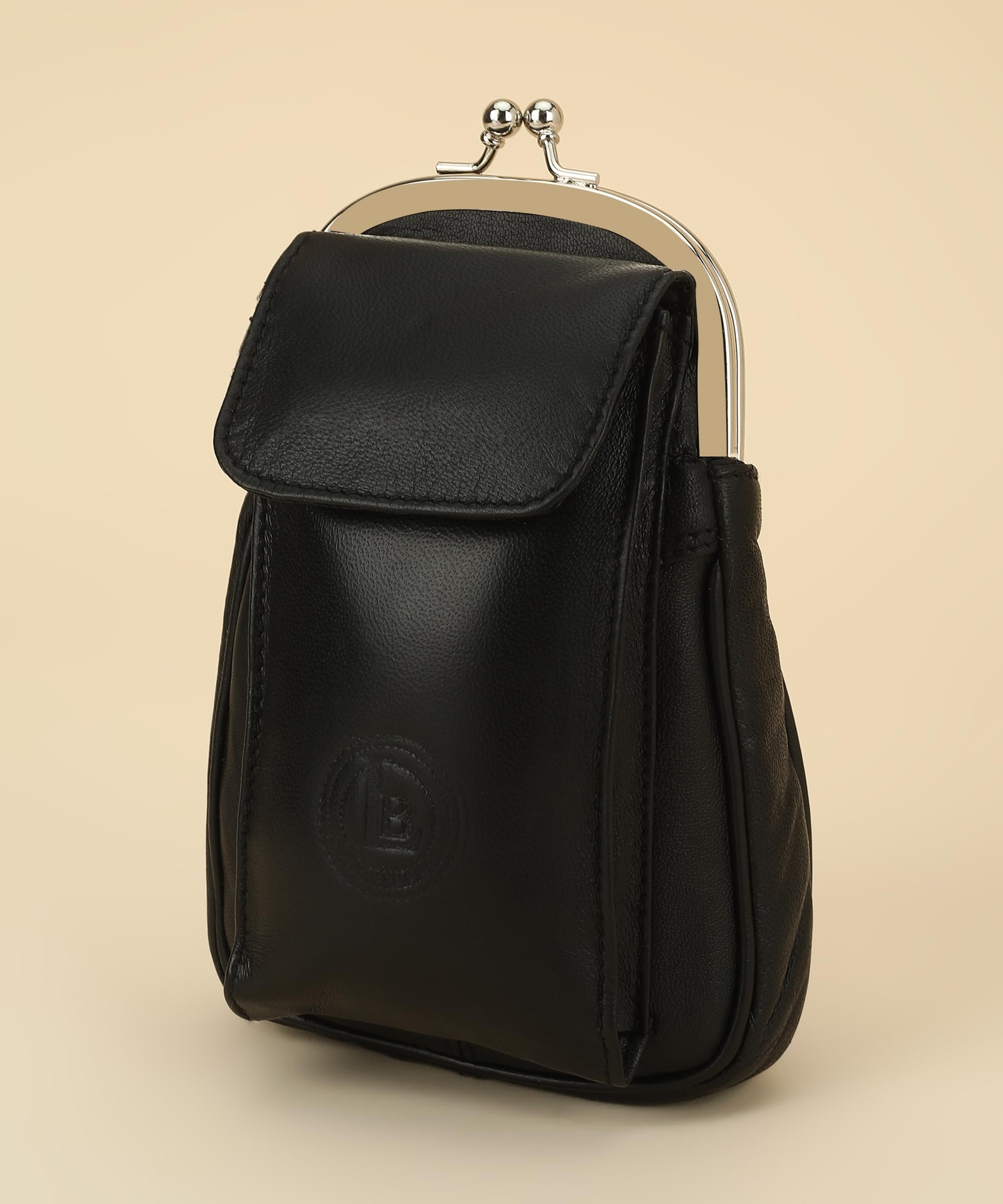 Leatherboss Leather Kiss Lock Pick-me-up Large Cigarette Money Make Up Holder Purse with Phone Case Black