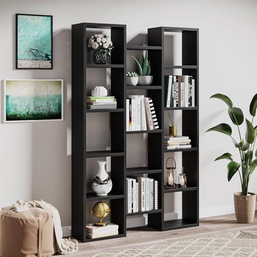 LITTLE TREE 14-Cube Bookshelf, 5-Tier Bookcase with Open Shelves, Retro Wood Storage Organizer Display Shelf, Horizontal/Vertical Storage Shelving Unit for Bedroom, Living Room, Office, Black