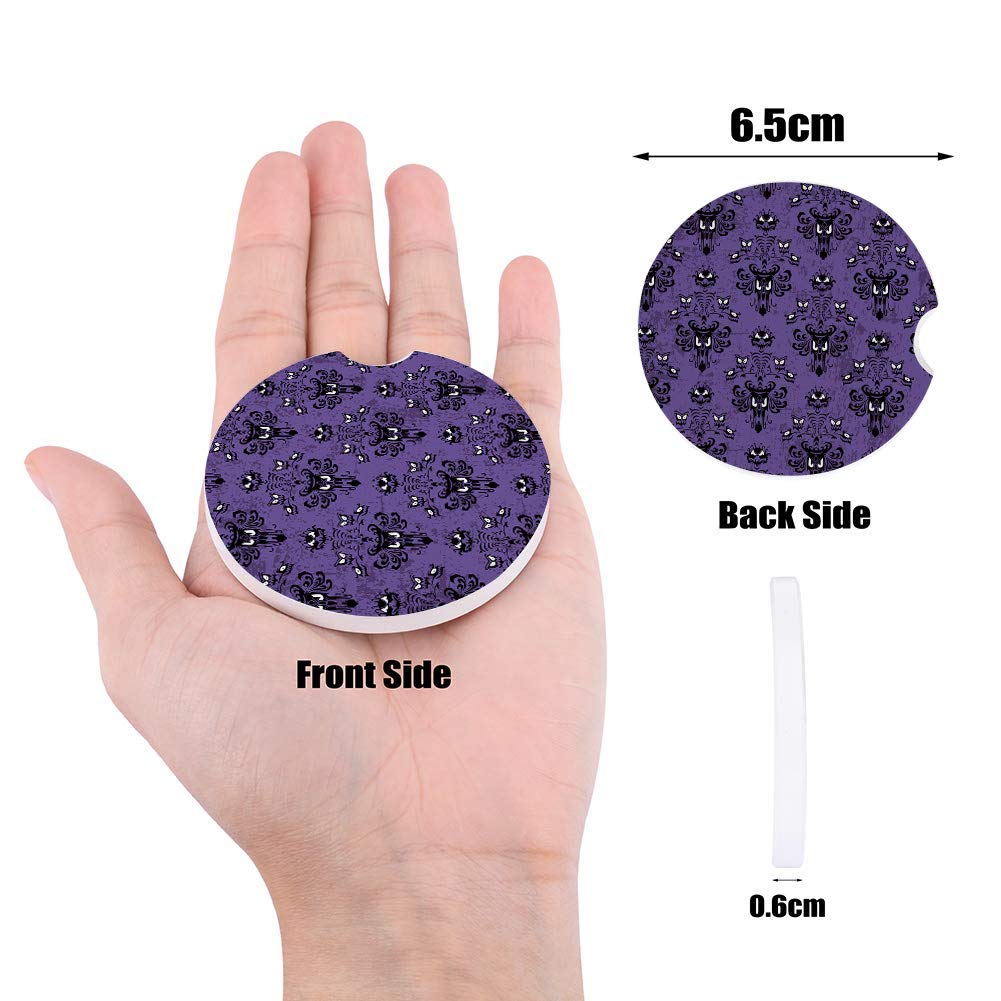 Absorbent Ceramic Car Coasterss Halloween Haunted Mansion Design, Drink Coaster Cup Holders with A Finger Notch for Easy Removal of Auto Cupholder, Purple Black Set of 2
