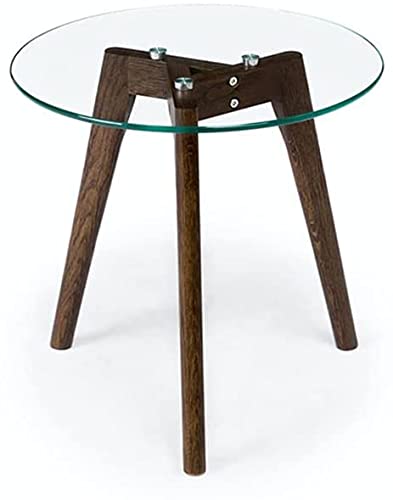 Anzezhong Triskele End Table, Walnut Minimalist Round Coffee Table, Mid Century Side Table with Tempered Glass Top Walnut Wood Legs (Medium)