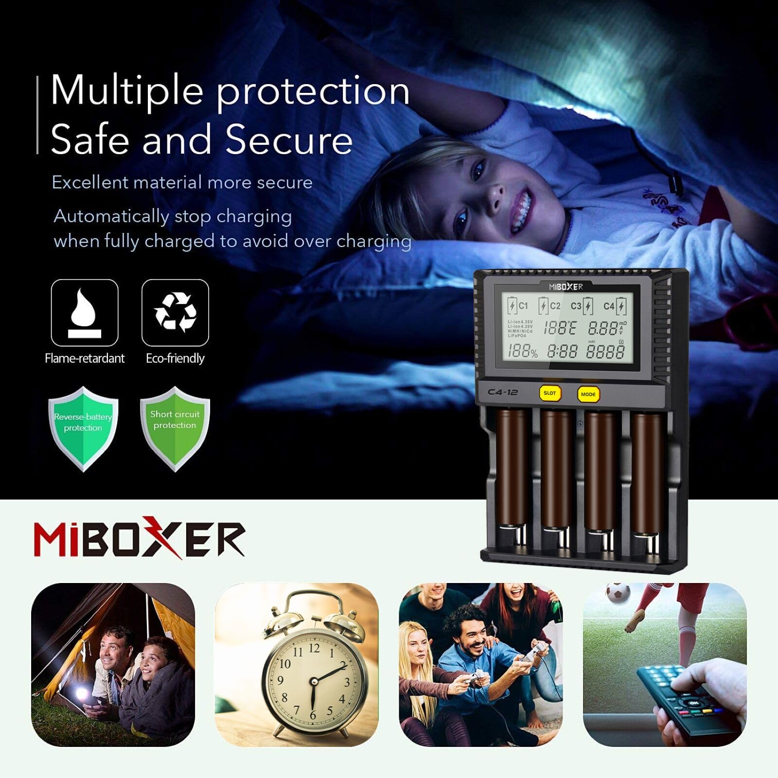 MiBOXER Fastest 18650 Battery Charger,3A/Bay Quick Charging Chargeable AA AAA D 26650 18490 18350 18500 RCR123 Li-ion/IMR/INR/ICR/Ni-MH/Ni-Cd,LCD Display,Smart Temperature Control