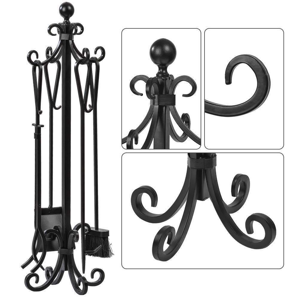 Amagabeli 5 Pieces Scroll Fireplace Tools Bundle Firewood Rack Indoor Carrier Metal