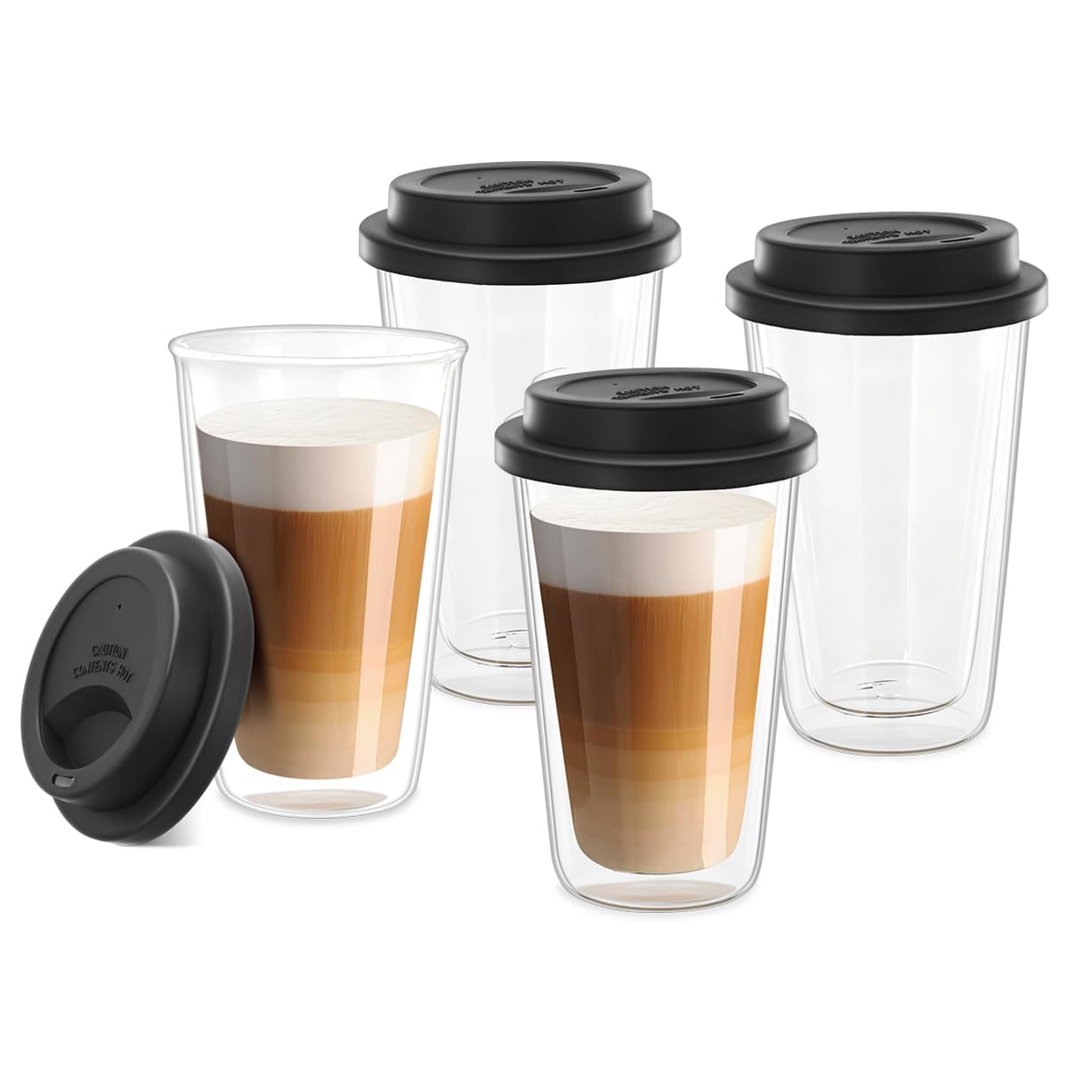 AIEVE Double Wall Glass Coffee Mugs Set of 4, Reusable 12 Ounces Espresso Cups with Silicone Lids