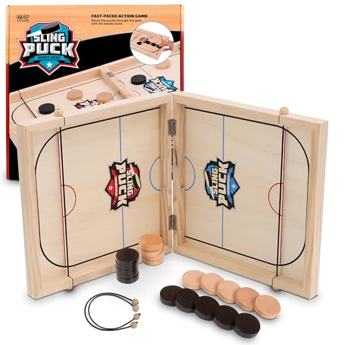 Crazy Games Fun Games XL Sling Puck Table Board Game I 24" Open 12" Closed Wooden Family Indoor Two Player, Table Games For Family - Top Hockey for Adults & Kids, Competitive Parties So Puck It Is Fun