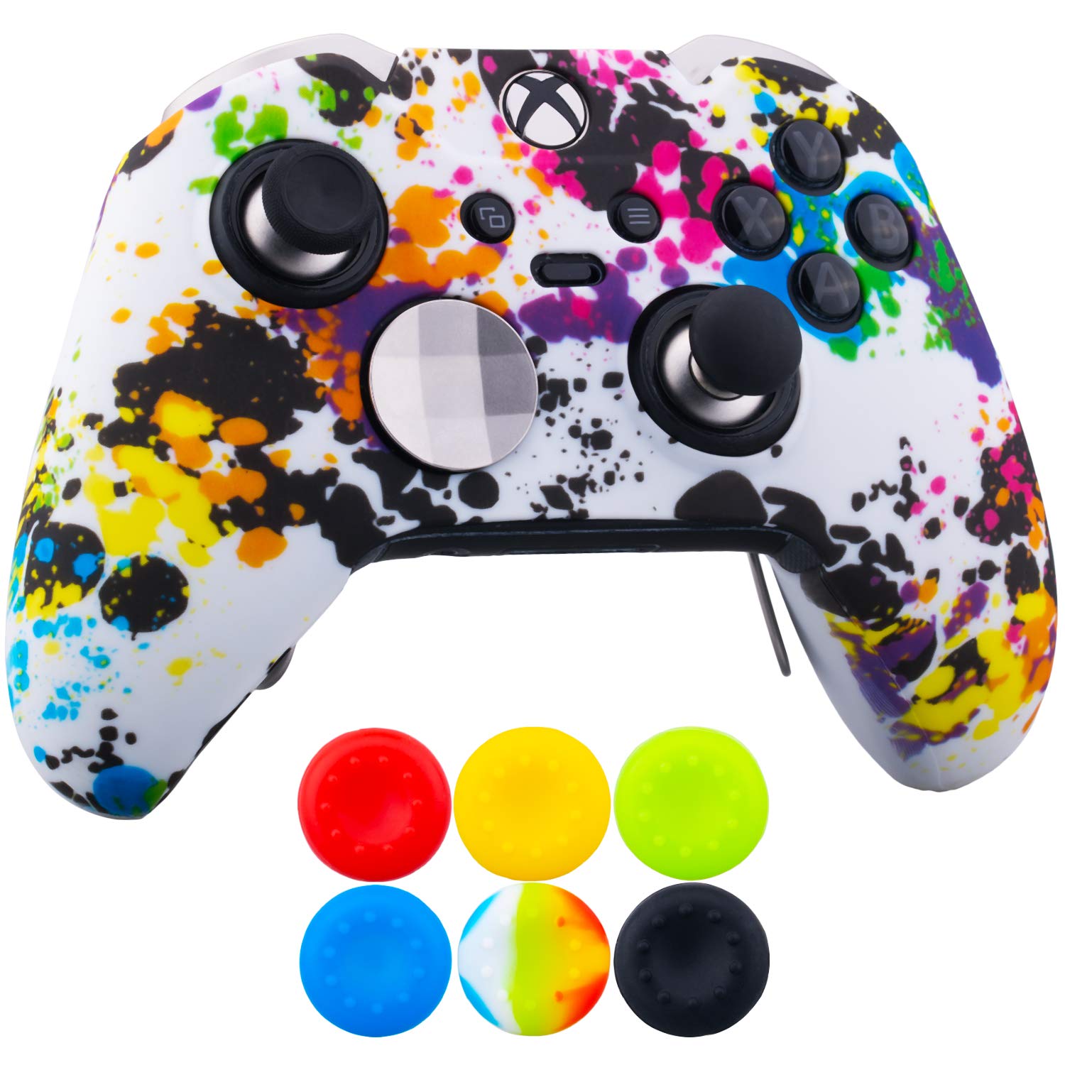 9CDeer 1 x Protective Customize Transfer Print Silicone Cover Skin Graffiti + 6 Thumb Grips Analog Caps for [Xbox One Elite] Controller Compatible with Official Stereo Headset Adapter