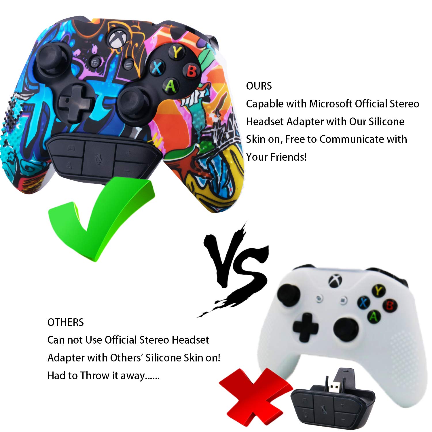 9CDeer Studded Protective Customize Transfer Printing Silicone Cover Skin Sleeve Case + 8 Thumb Grips Analog Caps for Xbox One/S/X Controller Graffiti Compatible with Official Stereo Headset