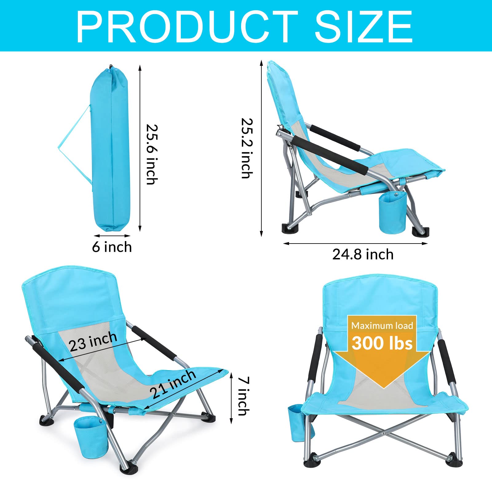 4 Pcs Beach Chairs for Adults Folding Beach Chairs Low Seat Camping Stool Mesh Back Beach Portable Chair with Cup Holder Carry Bag for Outdoor Lawn Picnic Beach Camping (Blue)
