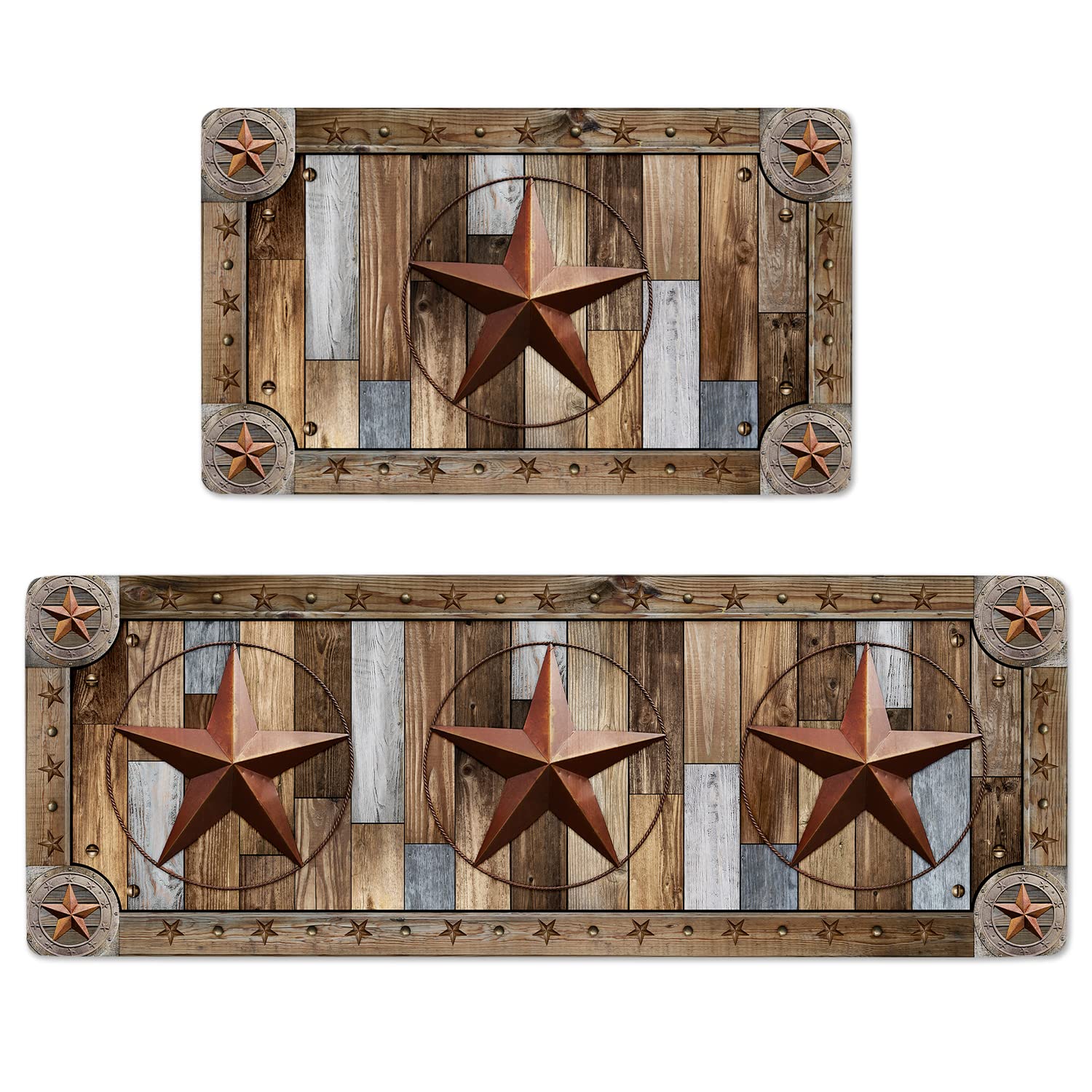 AILUER Farmhouse Wood Kitchen Rugs Mats Set of 2 Rustic Texas Star Anti-Fatigue Cushioned Kitchen Floor Mat Non-Slip Backing Washable Kitchen Rugs Set Office Laundry, 17inchx29.5inch+17inchx47inch