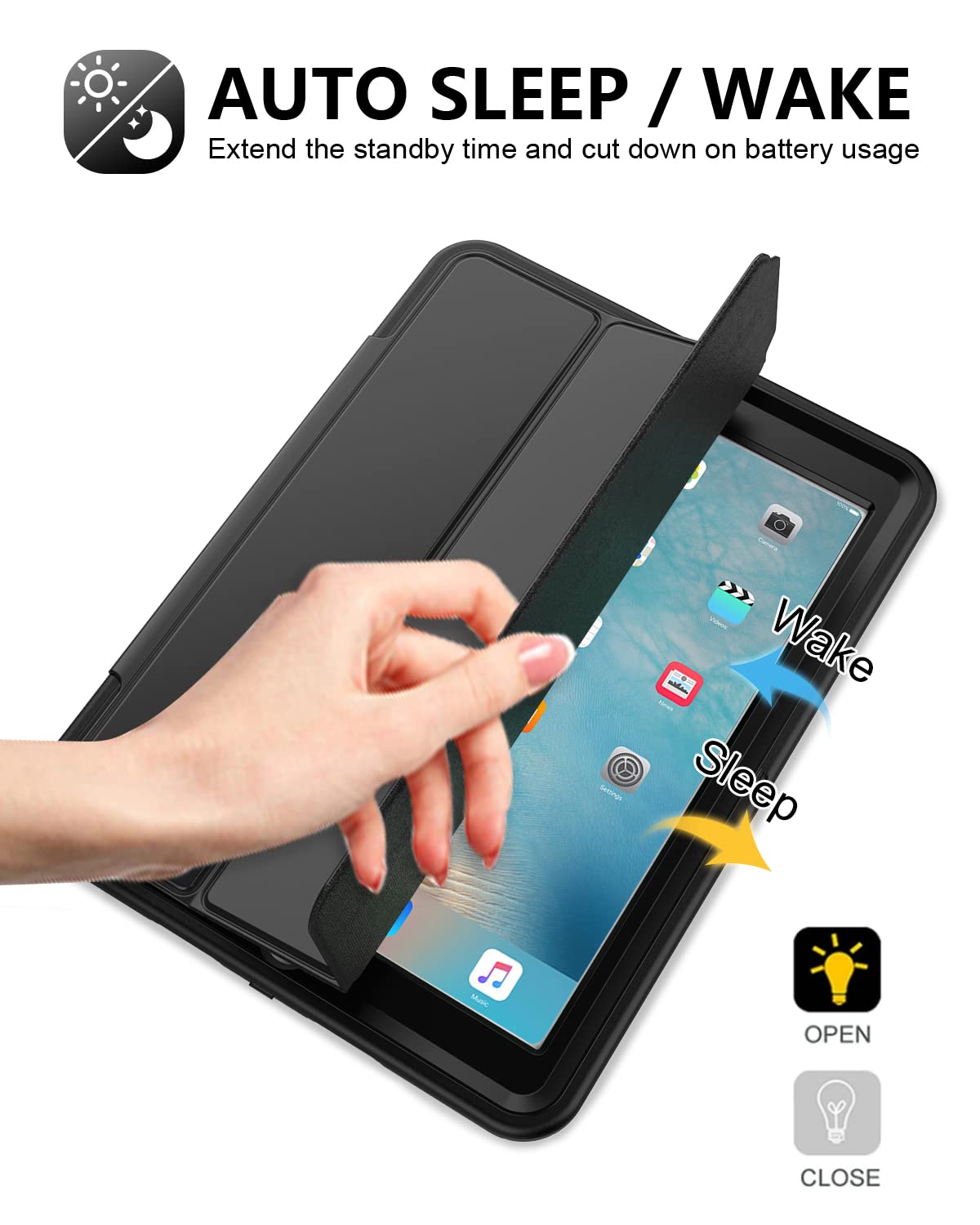 SEYMAC for iPad 6th/5th Generation Case, Sturdy Heavy Duty Shockproof Protection Folio Stand Case with Smart Cover Auto Sleep/Wake for iPad 9.7 Case, Black