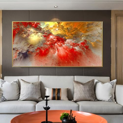 Abstract Bright Multicolor Cloud Art Painting Posters Prints on Canvas Modern Oversize Wall Picture for Living Room Decor 75x150cm/30x59inch With Golden Framed Ready to Hang