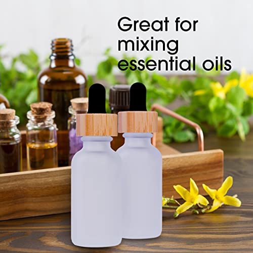 Focus Nutrition 12 Pack Clear Frosted Boston Round Essential Oils Aromatherapy Glass Bottles Jar With Black Bamboo Eye dropper cap, 1oz