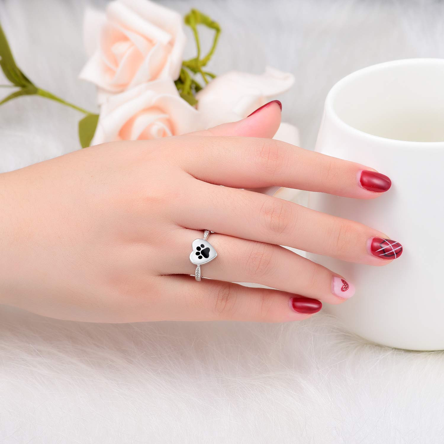 925 Sterling Silver Love Heart Urn Ring for pet Dog Cat's Ashes Keepsake Memorial Tiny Jewelry Forever in My Heart Paw Print Cremation Finger Rings(black 8)