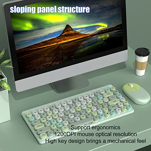 ASHATA Wireless Keyboard Mouse Combo, 86 Keys Retro Round Keycap Cute Mix Color USB Keyboard Mouse Set, 1200DPI Mouse, Gaming Keyboard for Girls, Compatible with Laptops Desktop Computers(Green)