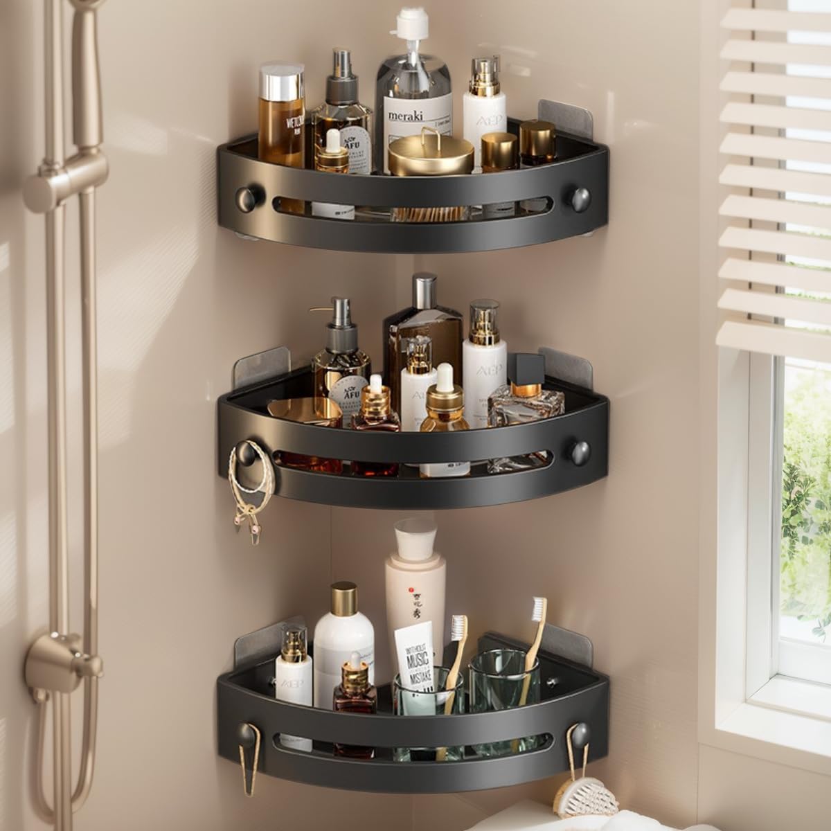 Bathroom Corner Shower Rack, Self-Adhesive Wall-Mounted Corner Shower Rack, Bathroom Corner Storage Rack, Corner Rack in Shower Room, for Storing Bathroom Toiletries (Black Three-Layer)