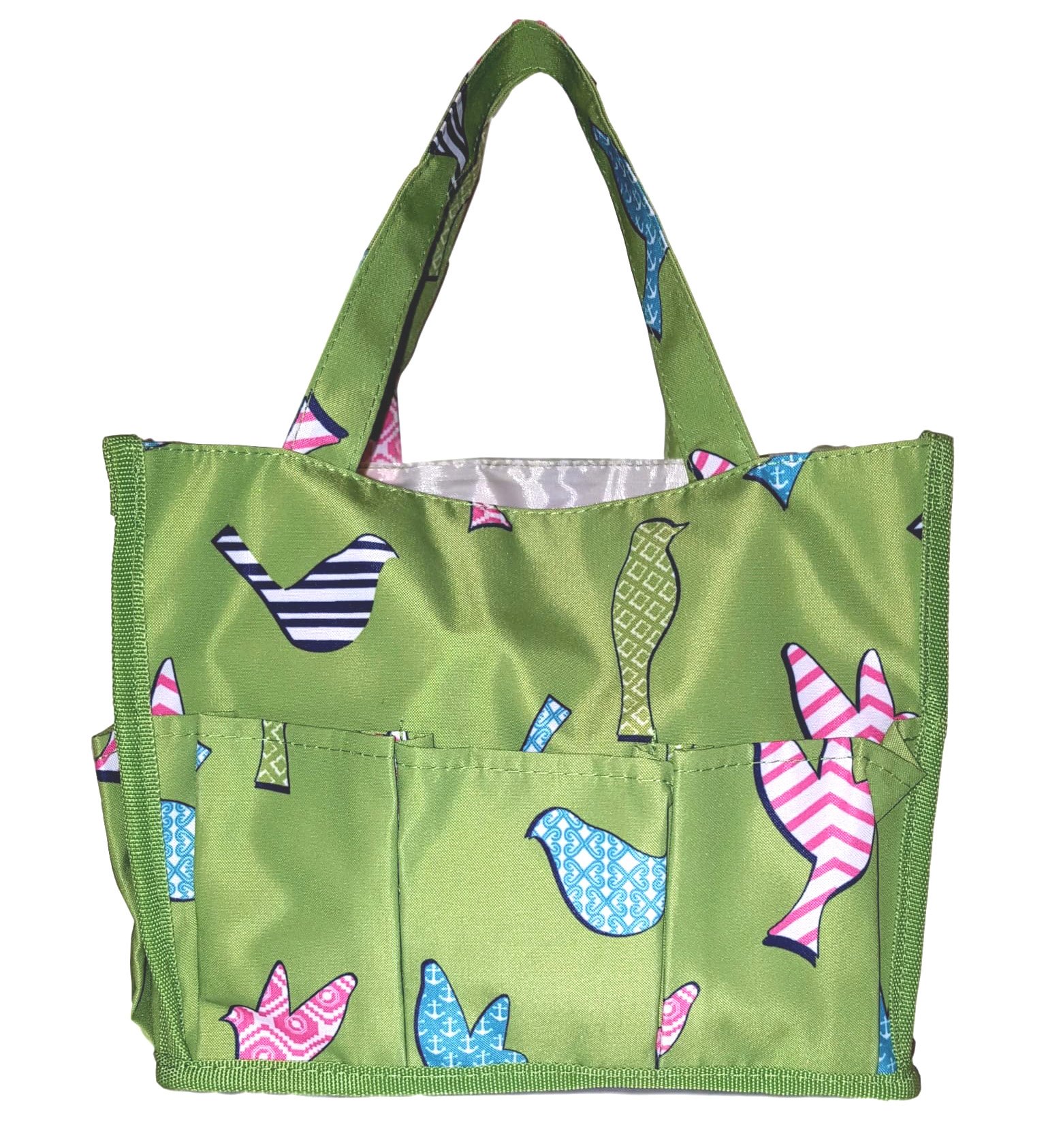 SONA G DESIGNS Small Fashion Organizing Tote Bag - 12 Outside Pockets Bingo Cosmetics Crafts Yarn Crochet Projects - Green Bird