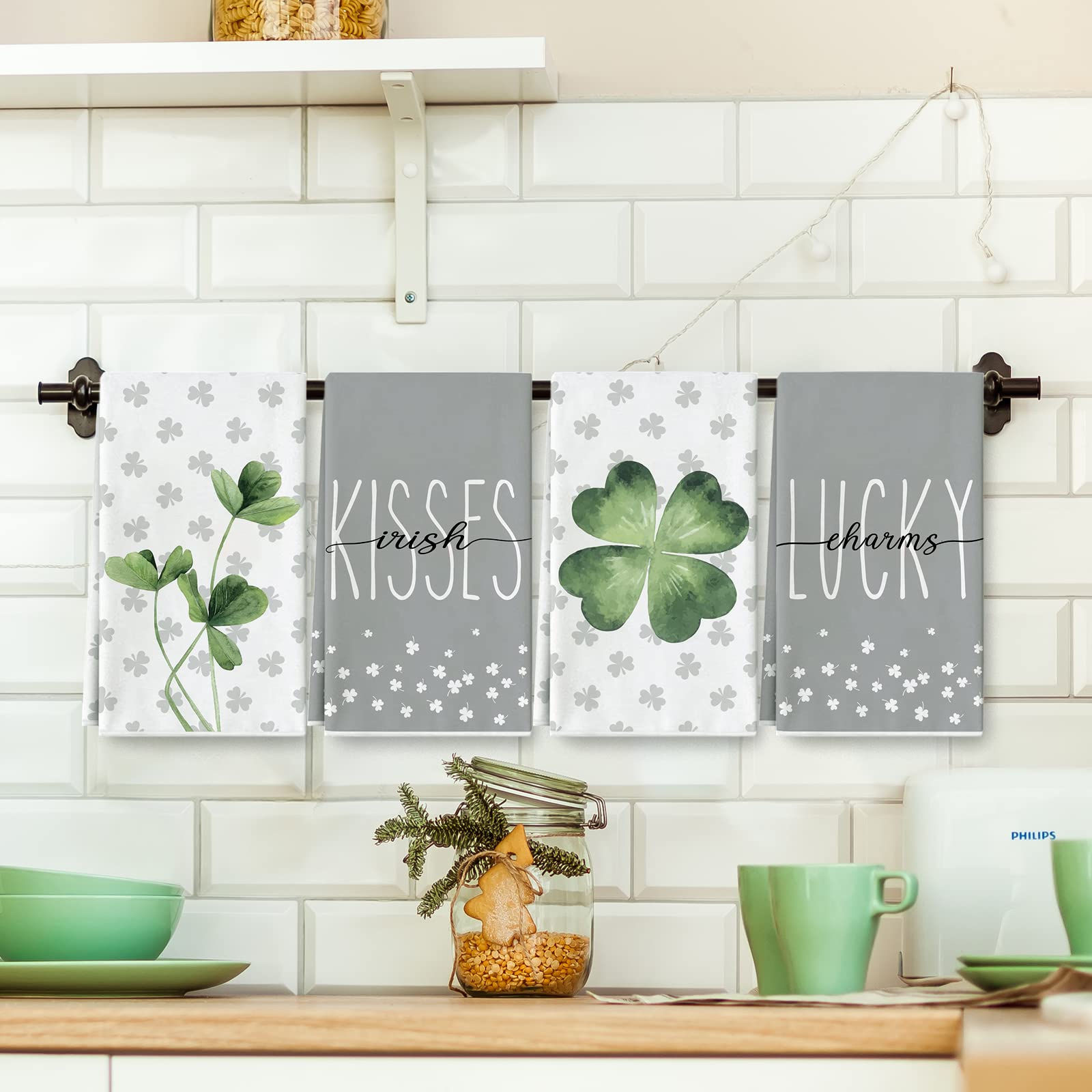 AnyDesign St. Patrick's Day Kitchen Towel Gray White Lucky Kisses Dish Towel Shamrock Clover Hand Drying Tea Towel for Cooking Baking Cleaning Wipes, 18 x 28 Inch, Set of 4