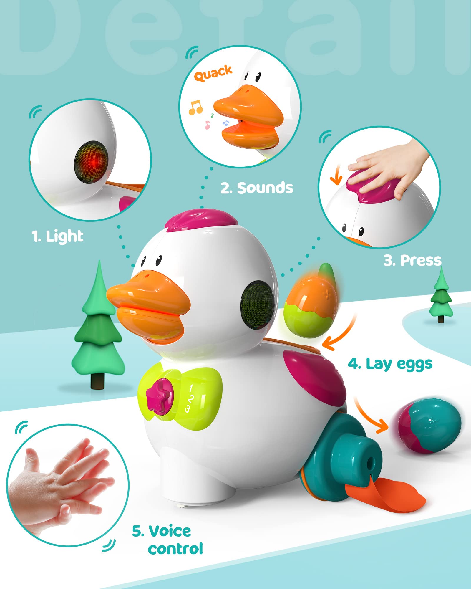 auby Dancing Duck Toy for Toddlers 2-3, Voice Controlled Musical Toys with Light, 3 Mode Moving Duck Toys with 2 Eggs, Easter Toys for Crawling Babies, Crawling Duck Lay Eggs Toys