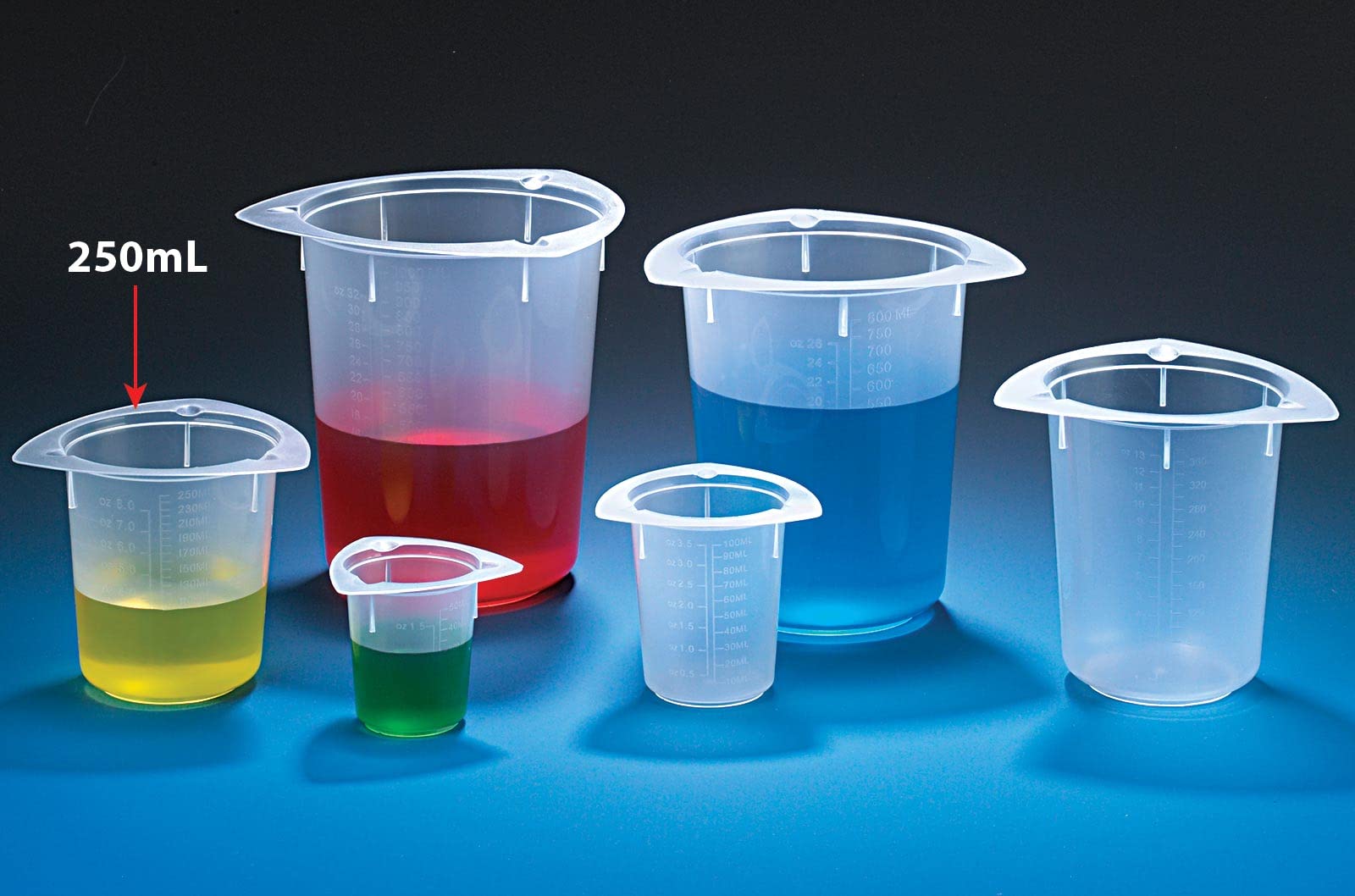 Globe Scientific 3642 Clarified Polypropylene Three Corner Graduated Beaker, Economy Style, 250mL Capacity, Pack of 100