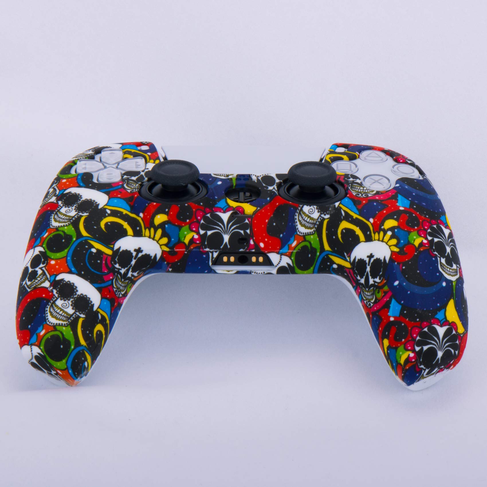 9CDeer 1 Piece of Silicone Transfer Print Protective Thick Cover Skin + 6 Thumb Grips for Playstation 5 / PS5 Controller Beaty Skulls