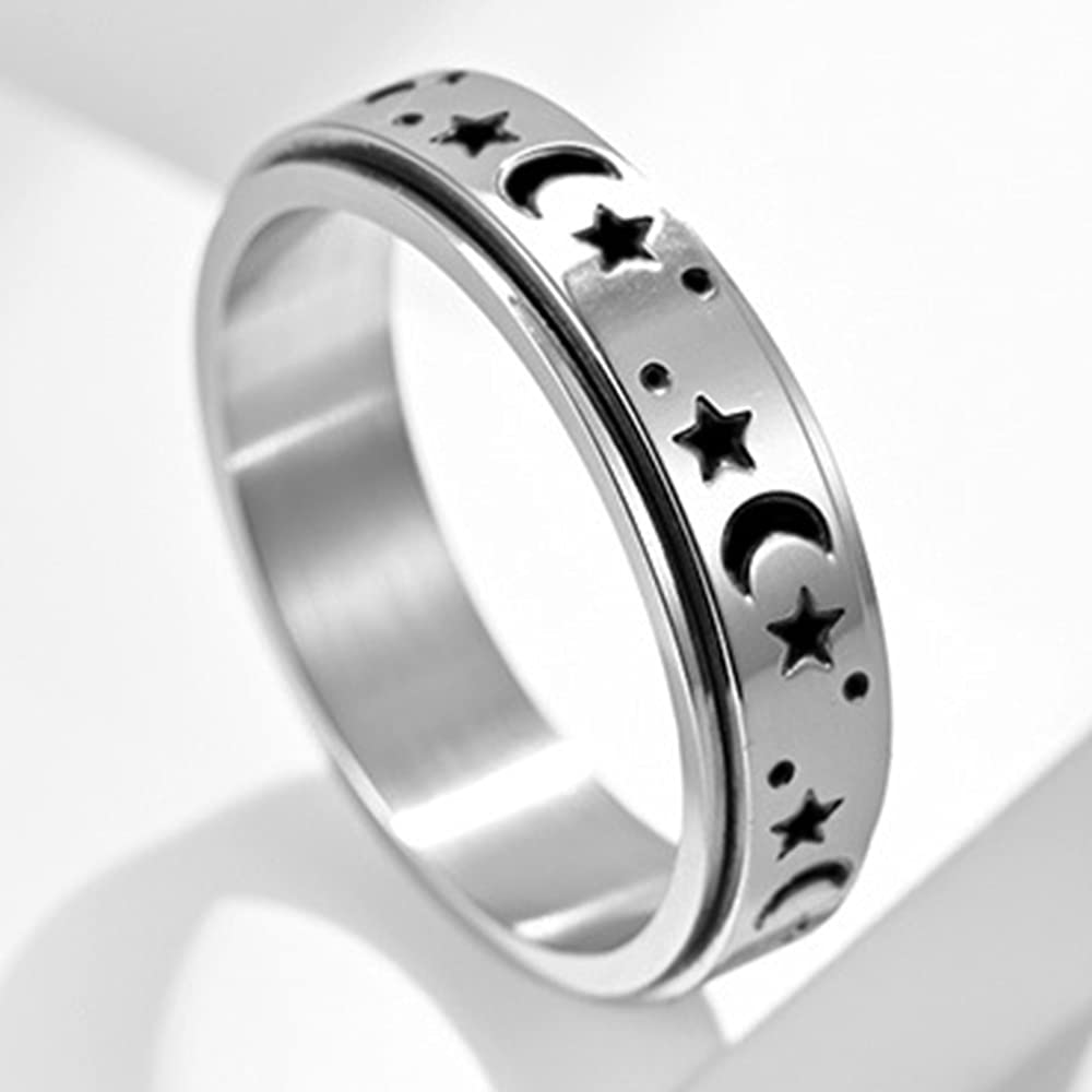 7mm Stainless Steel Star Moon Pattern Rotating Spinner Wedding Band Statement Promise Ring (Silver, 6)