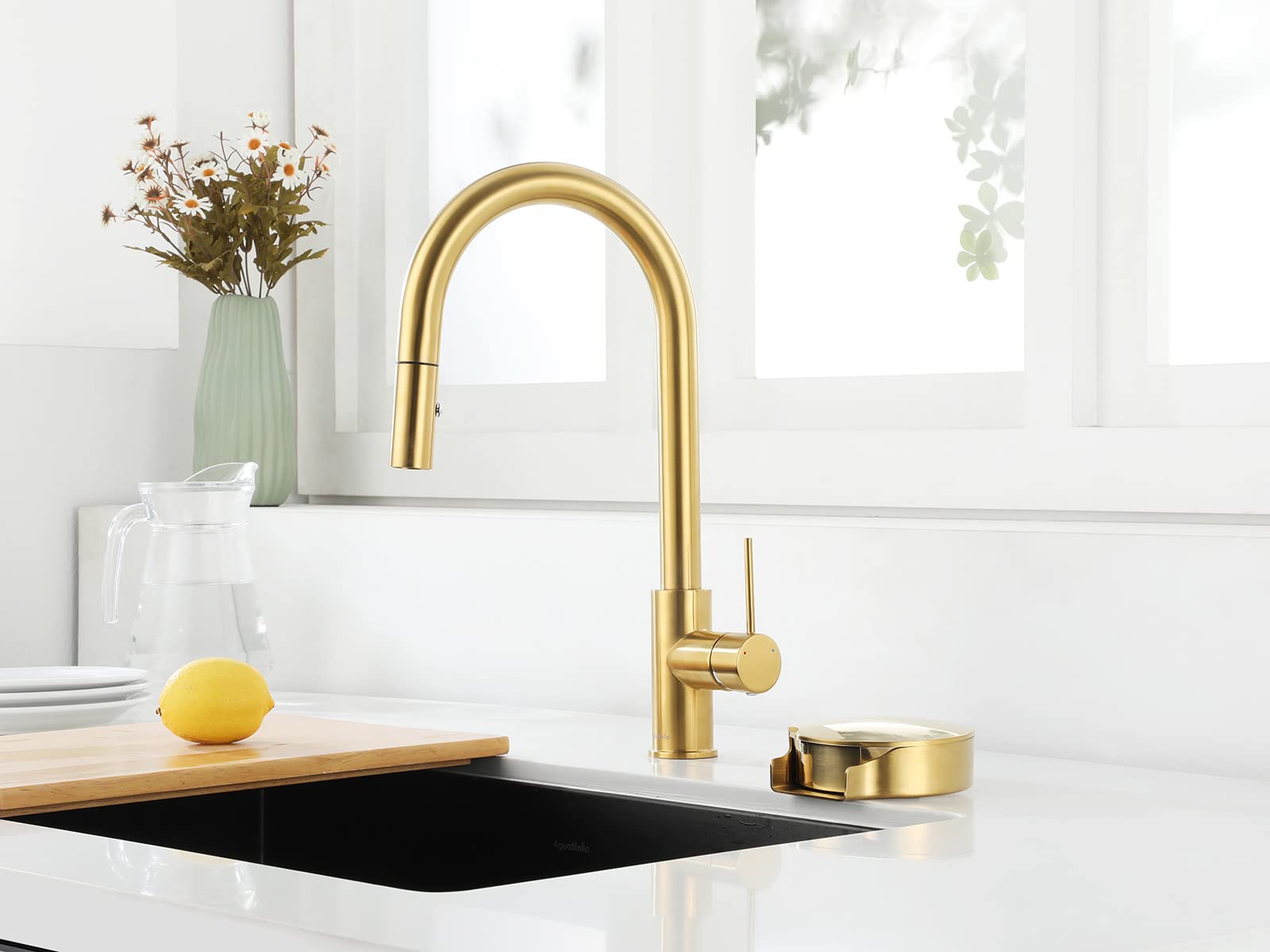 AguaStella ASR01GS Brushed Gold Metal Glass Rinser for Kitchen Sink with Cover, Kitchen Sink Cup Riner, Bar Glass Rinser, Kitchen Sink and Bar Sink Accessory