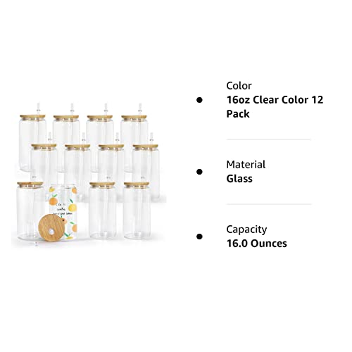 AGH 12 Pack 16oz Clear Sublimation Glass Blanks with Bamboo Lid, Sublimation Glass Cups Transparent Can Shaped Beer Cup with Lid and Straw, Straight Sublimation Tumblers for Iced Coffee Milk Juice