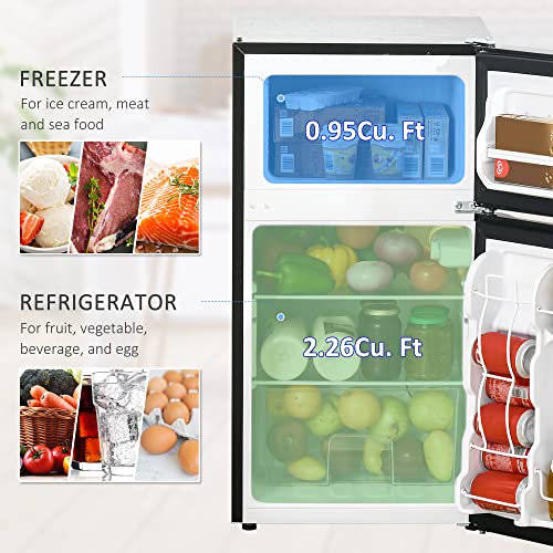 HOMCOM Double Door Mini Fridge with Freezer, 3.2 Cu.Ft Compact Refrigerator with Adjustable Shelf, Adjustable Thermostat and Reversible Door for Bedroom, Dorm, Home Office, Black