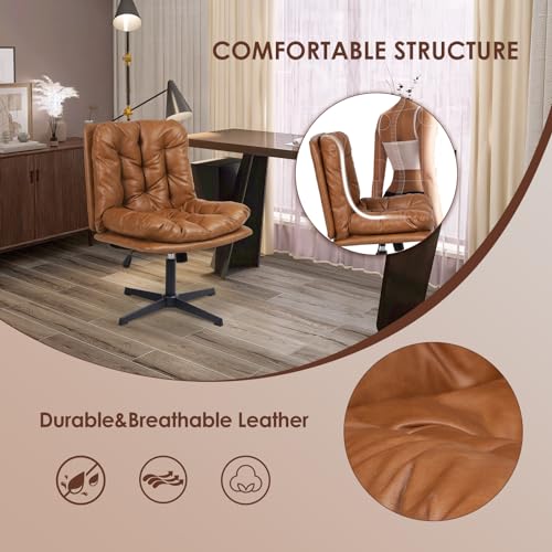 Chummaven High-Back Armless Home Office Chair No Wheels,Pu Leather Office Desk Chair Thick Swivel Rocking Vanity Chair Adjustable Computer Task Chair for Make Up,Small Space,Bedroom,Brown