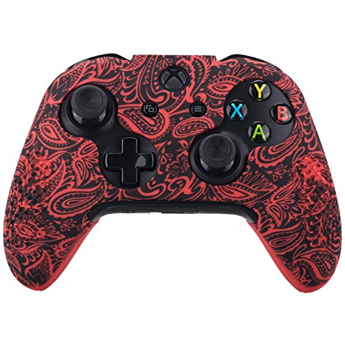 9CDeer Studded Protective Customize Transfer Printing Silicone Cover Skin Sleeve Case + 8 Thumb Grips Analog Caps for Xbox One/S/X Controller Leaves Red Compatible with Official Stereo Headset