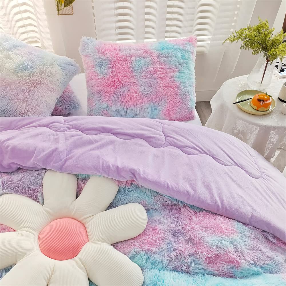 Roscloud Faux Fur Kids Girls Purple Rainbow Comforter Sets Twin/Full - 3PC Bed Set Warm Comfortable Soft Plush Flannel Velvet Fluffy Fuzzy Bedding(Comforter x 1 Pillowcases x 2)
