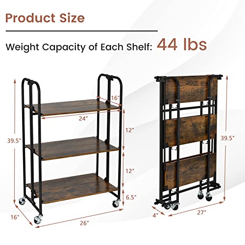 Giantex Foldable Storage Shelves with Wheels, No Assembly 3-Tier Rolling Cart, 2 of The Wheels Have Locks, Microwave Utility Cart Baker Rack, Portable Storage Rack w/Metal Frame, for Kitchen, RV
