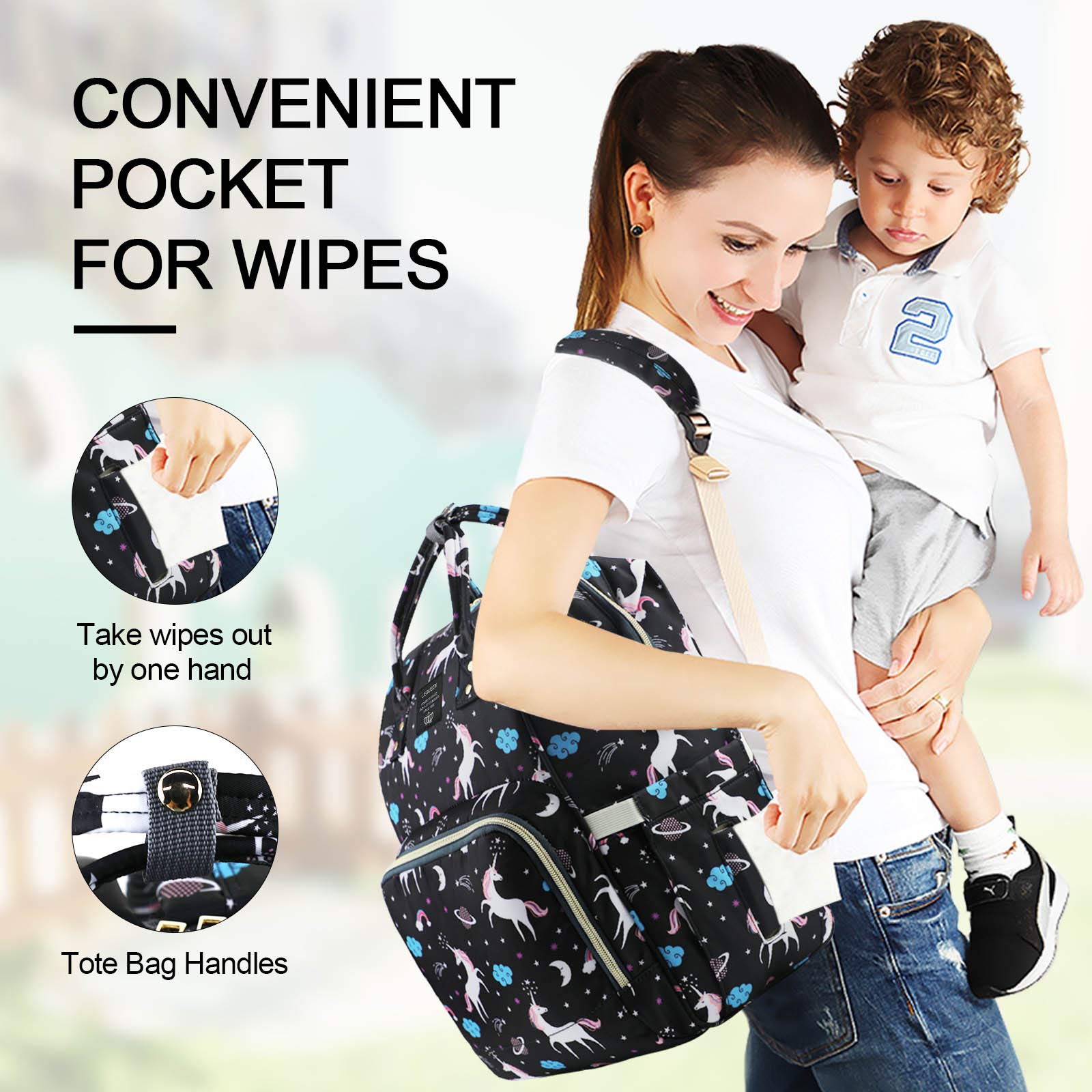 MIGER Diaper Bag Backpack Baby Girl Boy Diaper Bag Cute Maternity Nappy Diaper Backpack Waterproof Unicorn Diaper Bags with Large Capacity Bottle insulation for Mom Dad (Black)