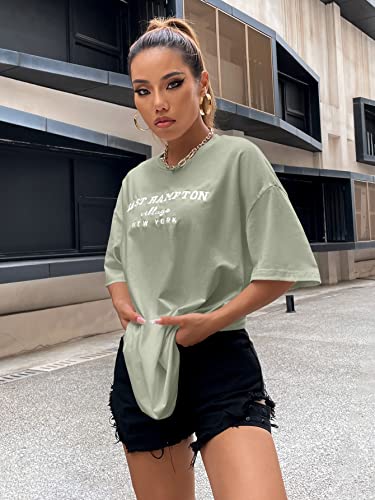 Cozyease Women's Letter Print Oversized Short Sleeve Round Neck Casual T Shirt Top Mint Green M