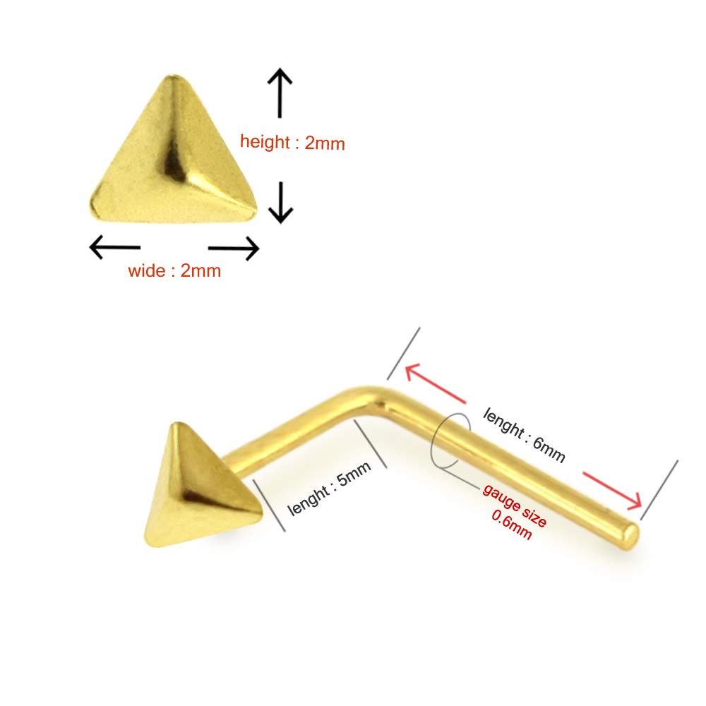 9K Solid Yellow Gold 3D Pyramid 22 Gauge L Bend Nose Stud Piercing Jewelry