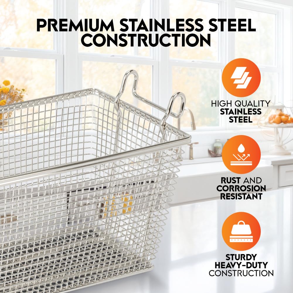 Cuisine Ready Deep Fryer Basket | 2 Pack | Stainless Steel | Commercial Fry Basket with Handle | 13.25" x 6.5" x 5.9" | Heavy Duty Restaurant Quality