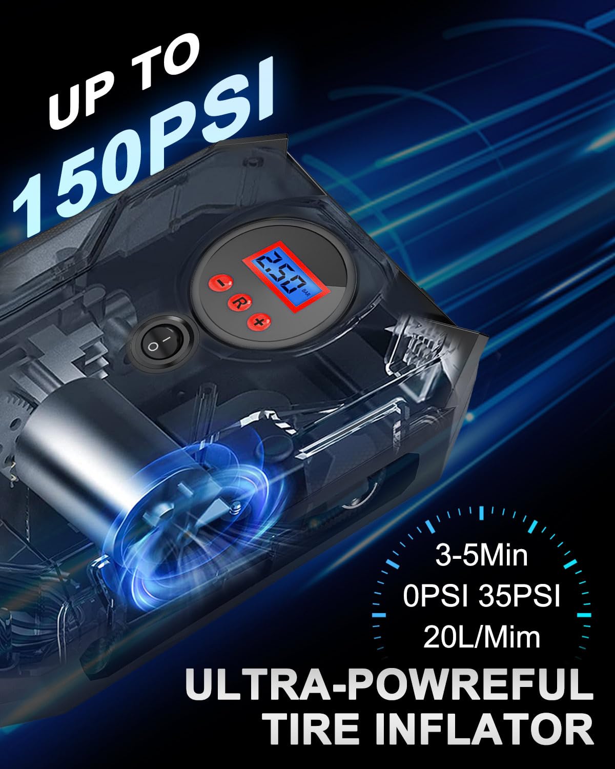 Atsanc Tire Inflator, 12V DC Portable Air Compressor with Auto-Shutoff Design, 150PSI Max Fast-Inflating Electric Air Pump for Car Tires, Auto Digital Car Tire Pump with LED Light for Various Purposes