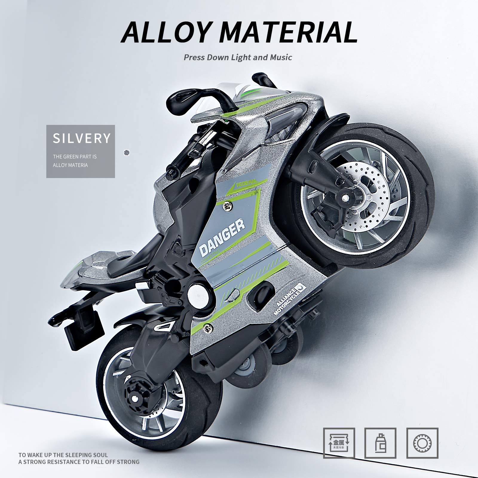 CYYSFIVQZ Toy Motorcycle-Pull Back Motorcycle Toy with Sounds and Lights,1:12 Scale Motorcycle Model Toy for Kids, Pull Back Vehicle for Boys Kids Age 3+ Year Old Supplies (Silver Gray)