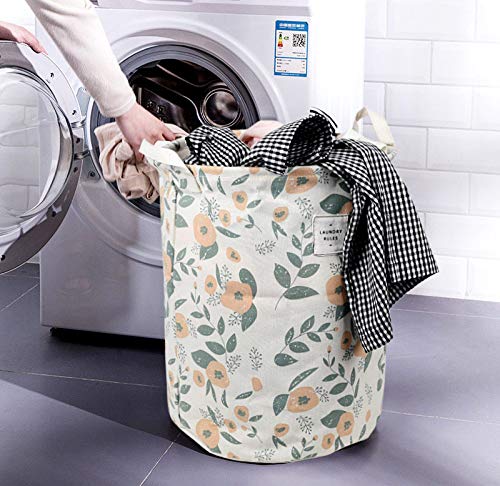 UUJOLY Collapsible Laundry Basket, Laundry Hamper with Handles Waterproof Round Cotton Linen Laundry Hamper Printing Household Organizer Basket, 19.7x15.7 inches, Green