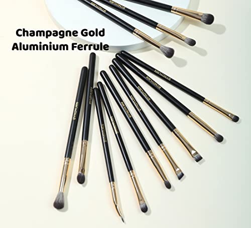 BYNDYLIEN Eye Makeup Brushes - 12pcs Champagne Gold Professional Makeup Brush Set with Soft Synthetic Fiber Hairs and Wood Handle for Eye Shadow, Blending, Concealer, Eyeliner, and Eyebrow