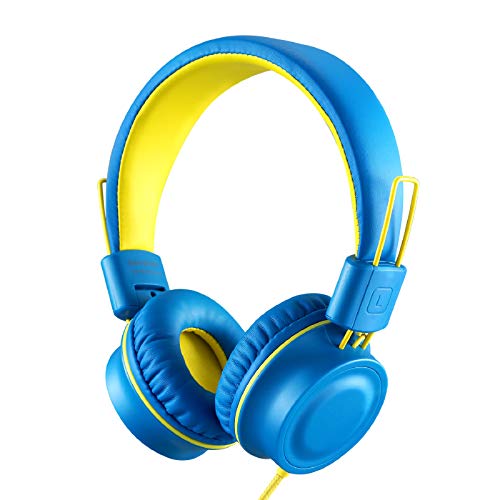 noot products Kids Headphones K33 Foldable Stereo Tangle-Free 5ft Long Cord 3.5mm Jack Plug in Wired On-Ear Headset for iPad/Amazon Kindle,Fire/Boys/Girls/School/Travel/Plane/Tablet (Electric Blue)