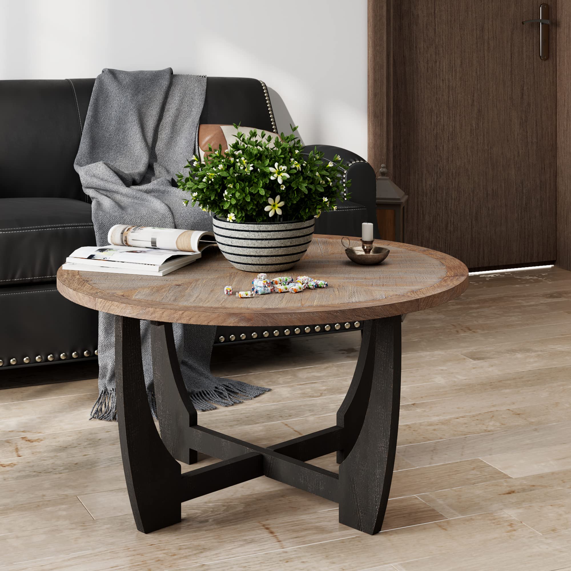 COZAYH Rustic Farmhouse End Table -2P, French Country Accent Side Table for Family, Dinning or Living Room, Small Spaces, Modern, Round, Black End Table