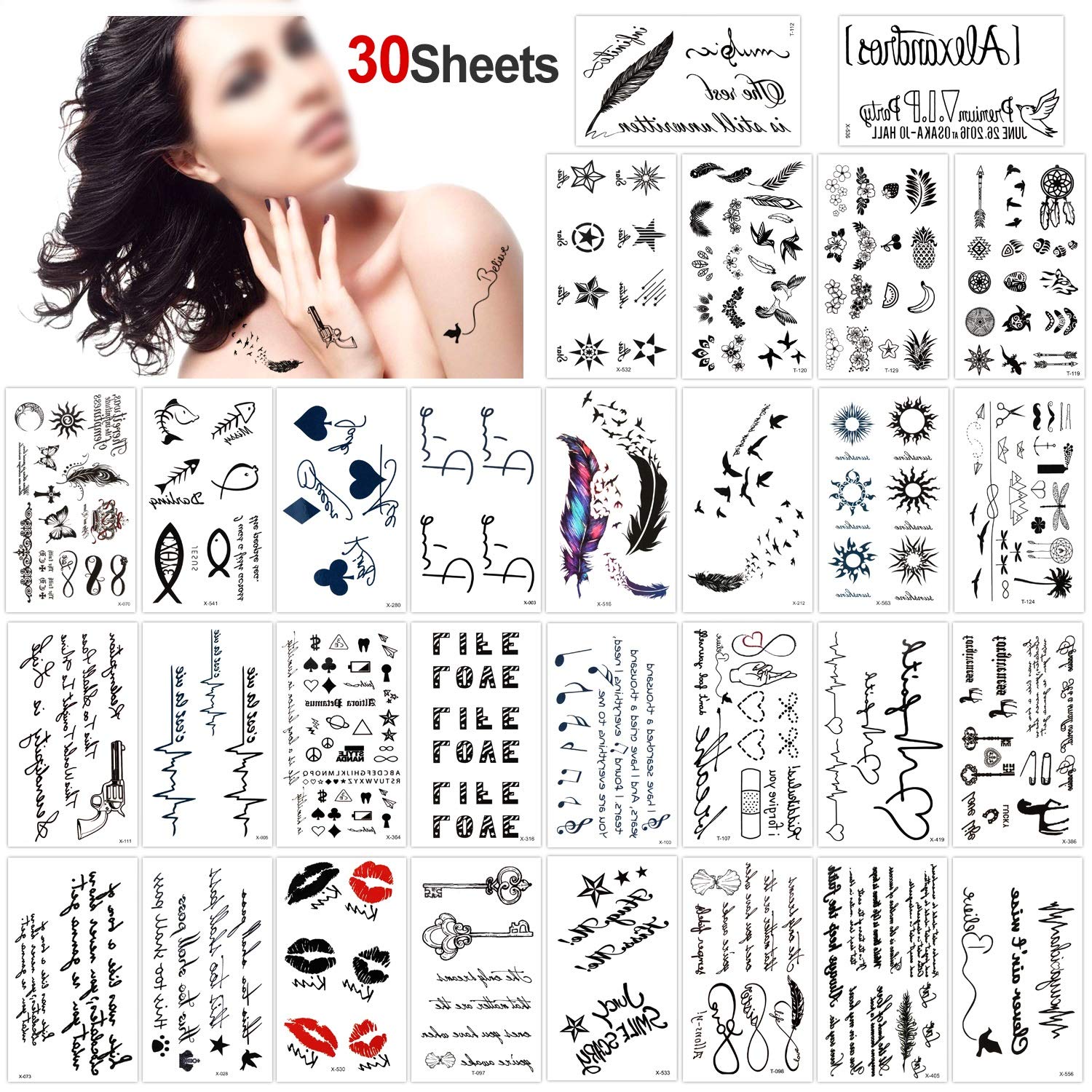 Konsait Temporary Tattoos for Adult Men Women Kids(30 Sheets), Waterproof Temporary Tattoo Fake Tattoos Body Art Sticker Hand Neck Wrist Cover Up Set