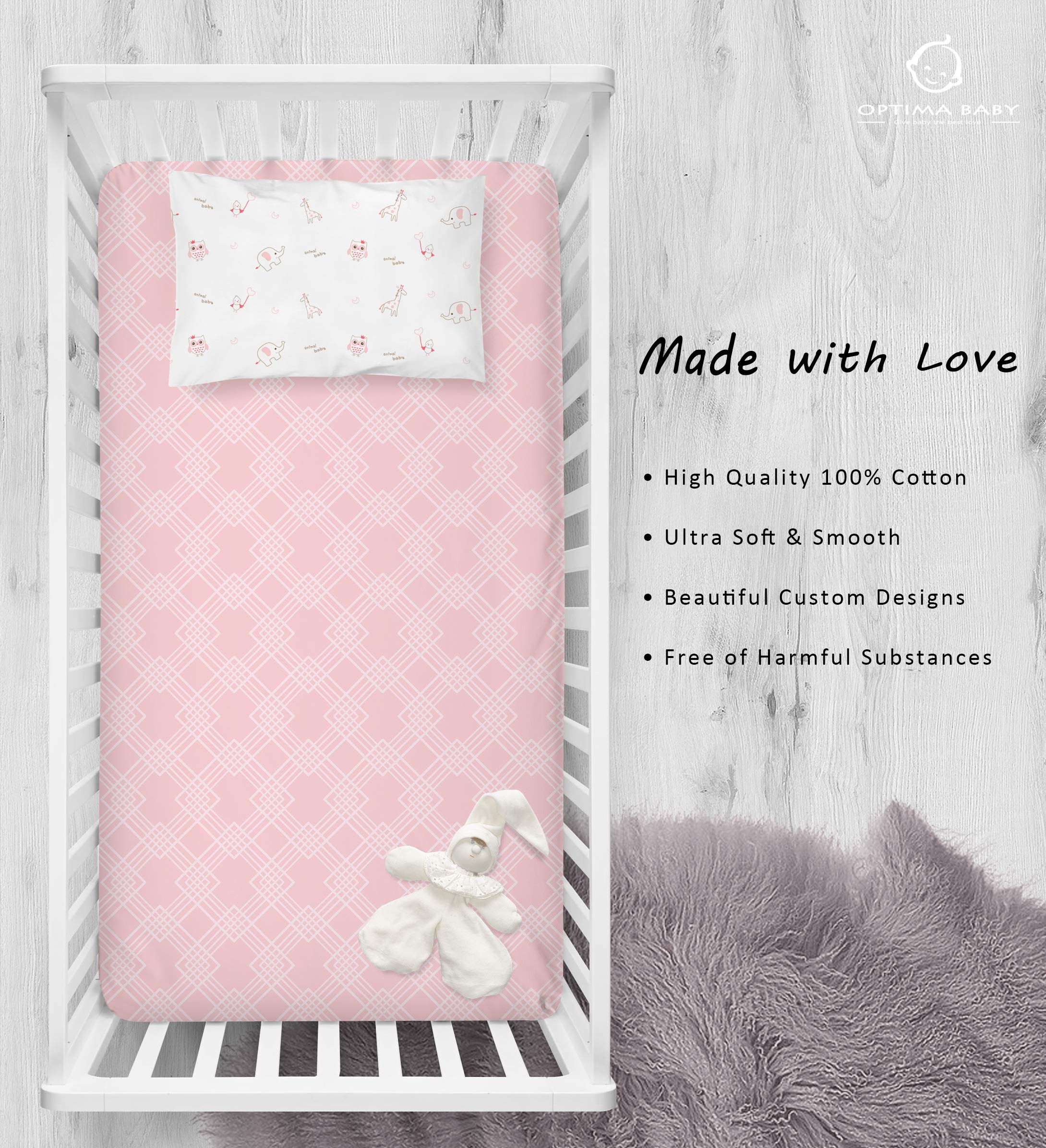 OptimaBaby Pink Crib Sheets, Animals Fitted, 2 Count