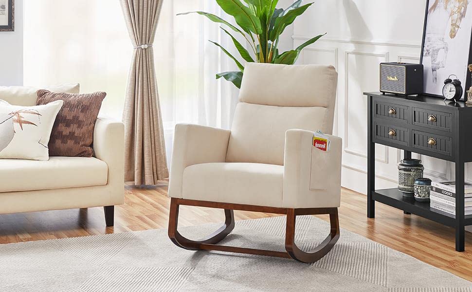 Yaheetech Rocking Chair Nursery,Glider Chair Modern Accent Chair with Side Pocket Living Room High Back Armchair for Living Room Lounge, Beige
